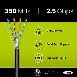 trueCABLE Cat5e Outdoor, Unshielded UTP, 1000ft, UV Resistant, CMX Rated, Black, 24AWG Solid Bare Copper, 350MHz, PoE++ (4PPoE), ETL Listed, Bulk Ethernet Cable