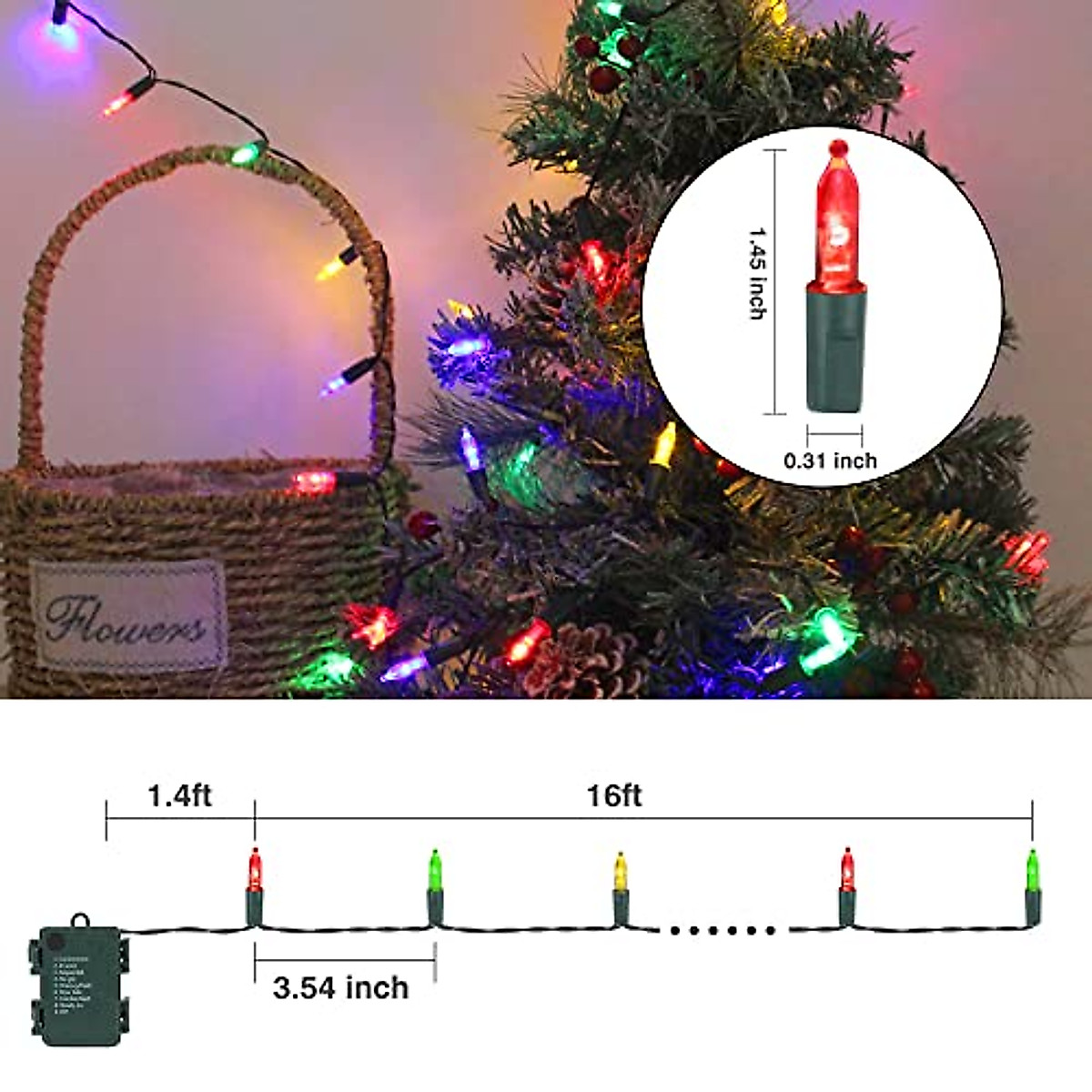 CREPRO 2 Pack Christmas String Lights, 16 FT 50 LED Battery Operated String Lights Waterproof Mini Christmas Lights Outdoor and Indoor for Xmas Tree Garden Yard Home Wedding Party Patio
