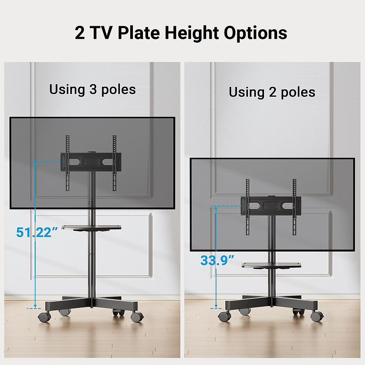 PERLESMITH Mobile TV Stand for 23-60 Inch LCD LED Flat/Curved Panel Screen TVs, Tilt TV Cart Max VESA 400x400 Portable TV Stand with Laptop Shelf Rolling Floor TV Stand Holds up to 88Lbs (PSTVMC06)