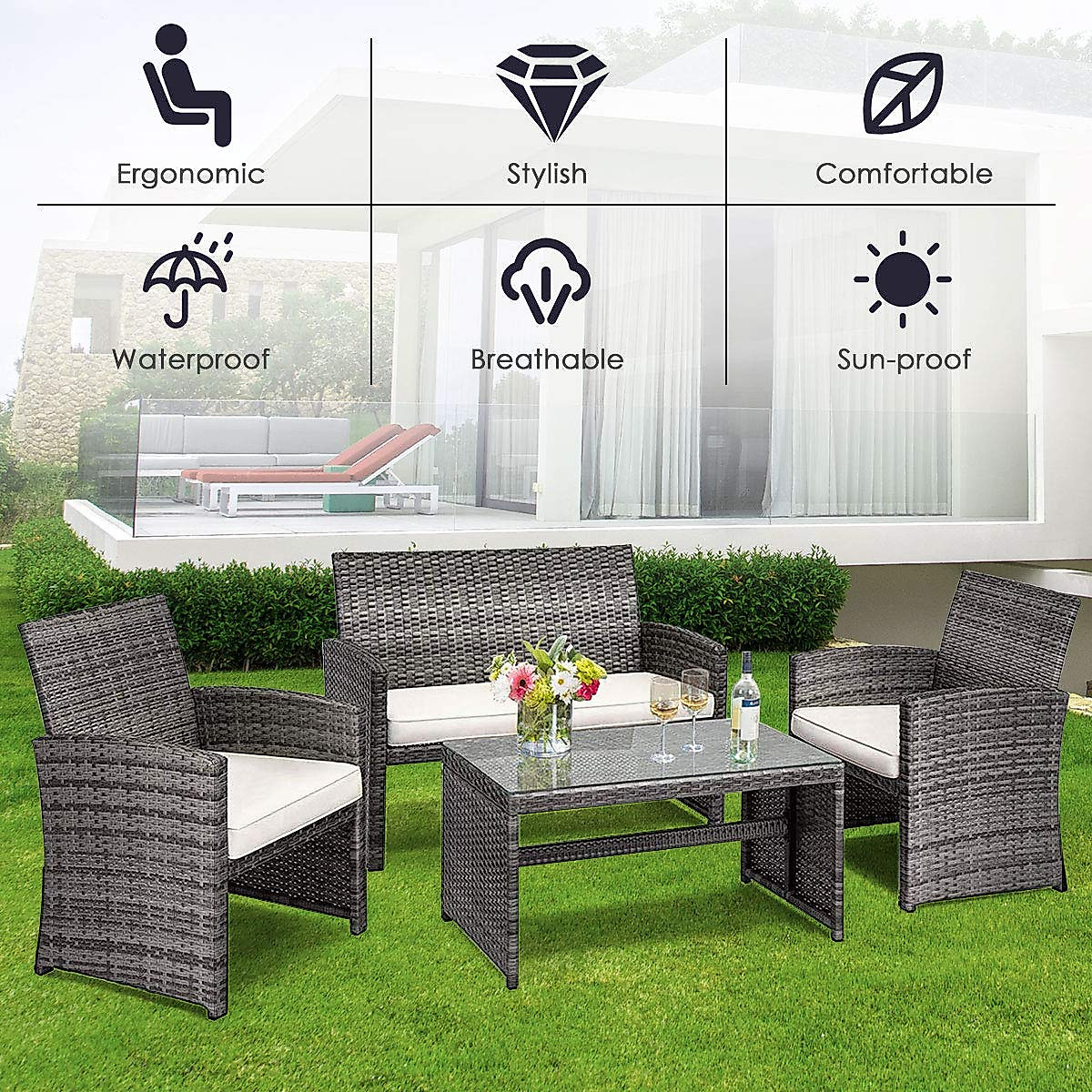 Tangkula 4 PCS Wicker Patio Conversation Set, Outdoor Rattan Sofas with Table Set, Patio Furniture Set with Soft Cushions & Tempered Glass Coffee Table for Poolside Courtyard Balcony (1, Beige)