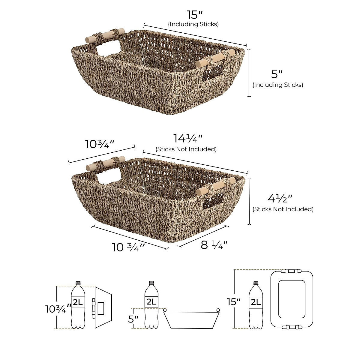 StorageWorks Hand-Woven Large Storage Baskets with Wooden Handles, Seagrass Wicker Baskets for Organizing, 2-Pack