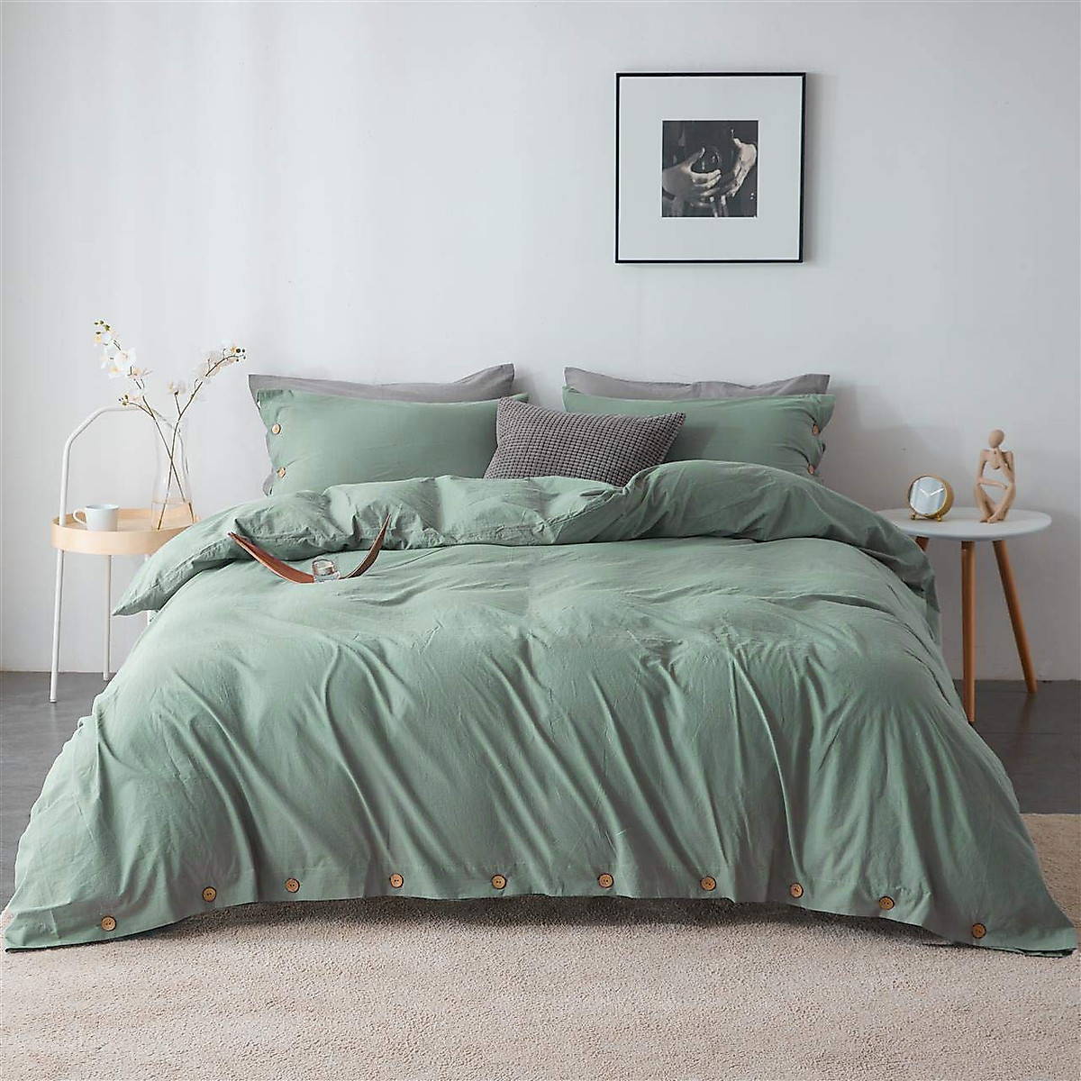 TanNicoor 100% Washed Cotton Duvet Cover Queen Size (90x90 Inch), 3 Pieces (1 Sage Green Duvet Cover + 2 Pillowcases) Soft, Cooling, Breathable Comforter Cover Set with Buttons Closure, Corner Ties
