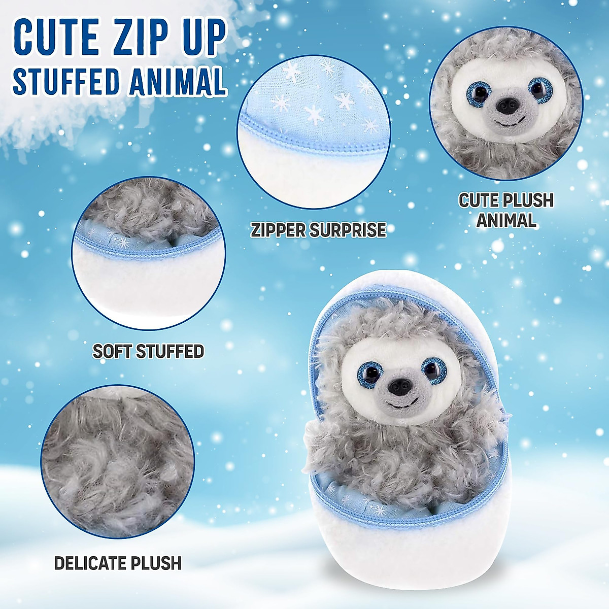 Made By Aliens Snowball Stuffed Surprise Zip Up Stuffed Animal – 6 inch Cute & Soft Plush Animal Toy – Perfect for Friends and Family All Ages Christmas Thanksgiving (Sloth)