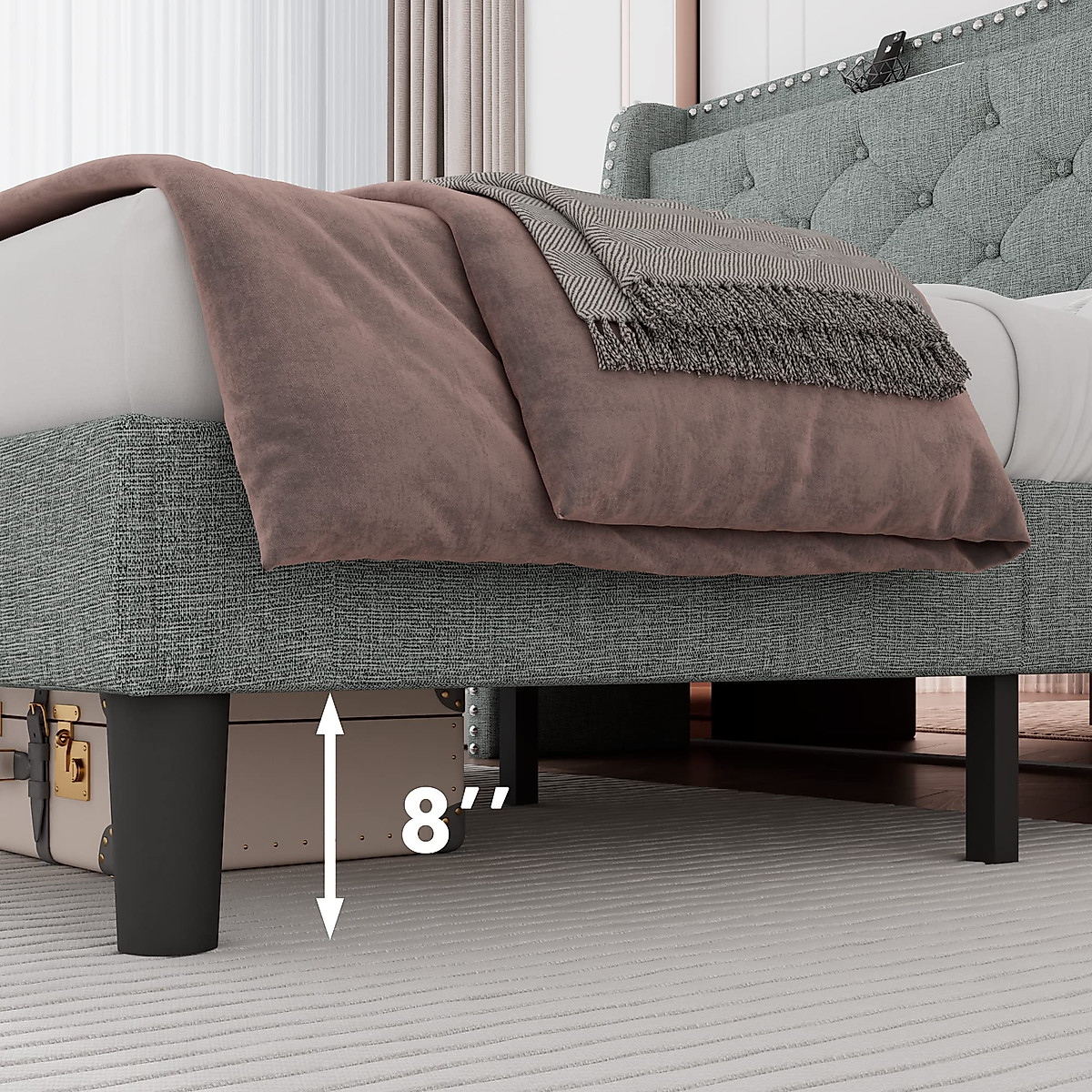 Feonase Upholstered Queen Bed Frame with Wingback Headboard, Deluxe Platform Bed Frame with Diamond Tufting & Storage Shelf, Wood Slats, Noise-Free, No Box Spring Needed, Easy Assembly, Light Gray