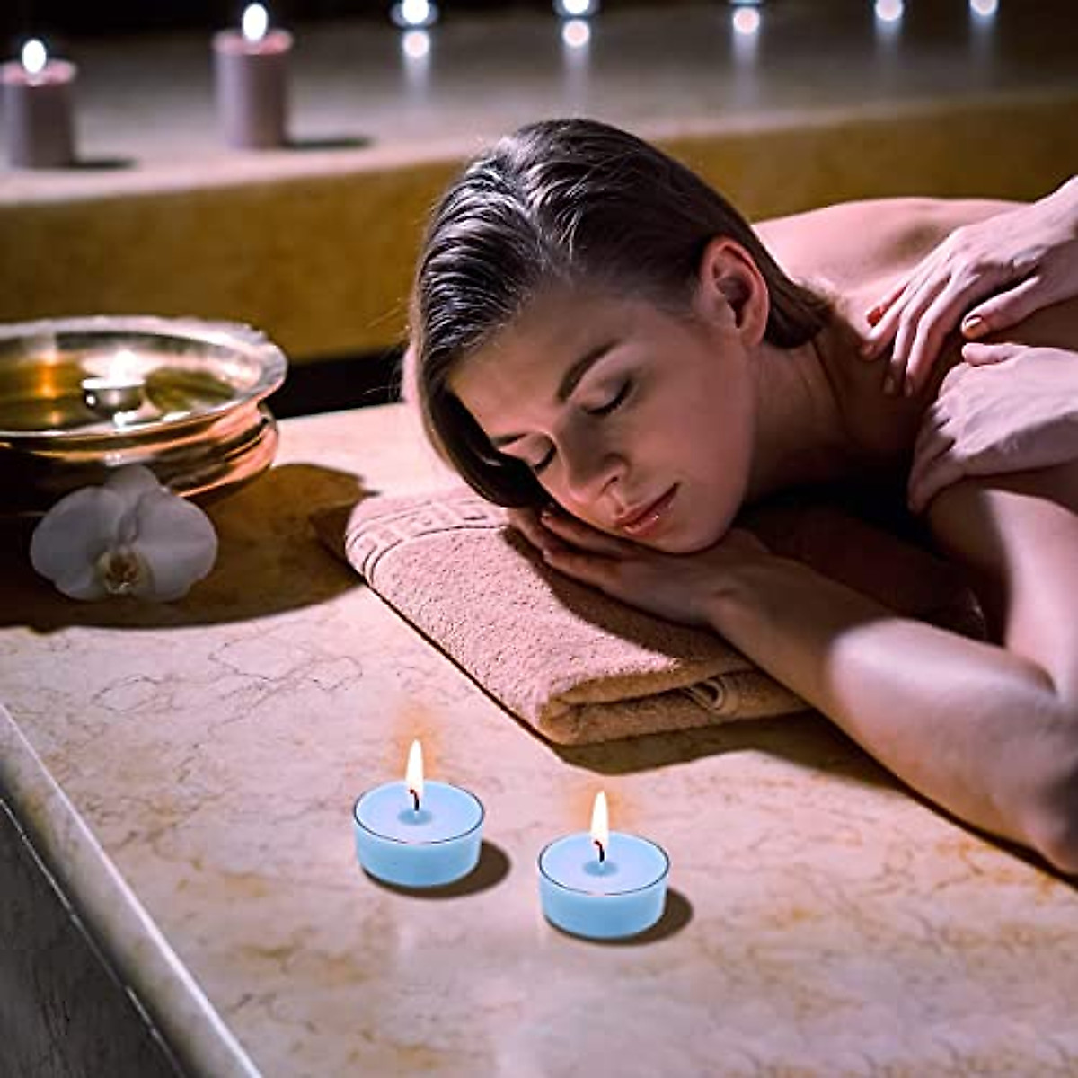 Kenking Lotus Scented Tealight Candles, 30 Pack Soy Wax Light Blue Tea Lights in Clear Cup, 4-5 Hour Burn Time for Dinner Table, Halloween Christmas and Holiday