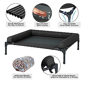 Titwest Cooling Elevated Dog Bed, Outdoor Raised Dog Cots Beds for Large Dogs, Portable Pet Bed with Washable Breathable Mesh, Removable Bolster, Blanket and No-Slip Feet, Fits up to 75lbs