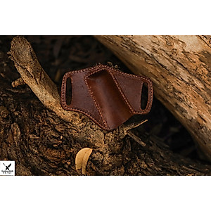 Handmade Leather Sheath for Pocket Knives, Slanted Pancake/Tooled/Belt/Trapper Style, TAN, 100% Real Leather (Brown)