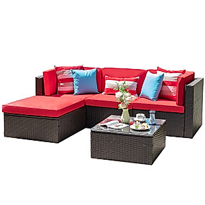 Vongrasig 5 Piece Furniture, Small All-Weather Brown PE Wicker Outdoor Couch Sectional Patio Conversation Set Garden Patio Sofa w/Ottoman, Glass Table, Red