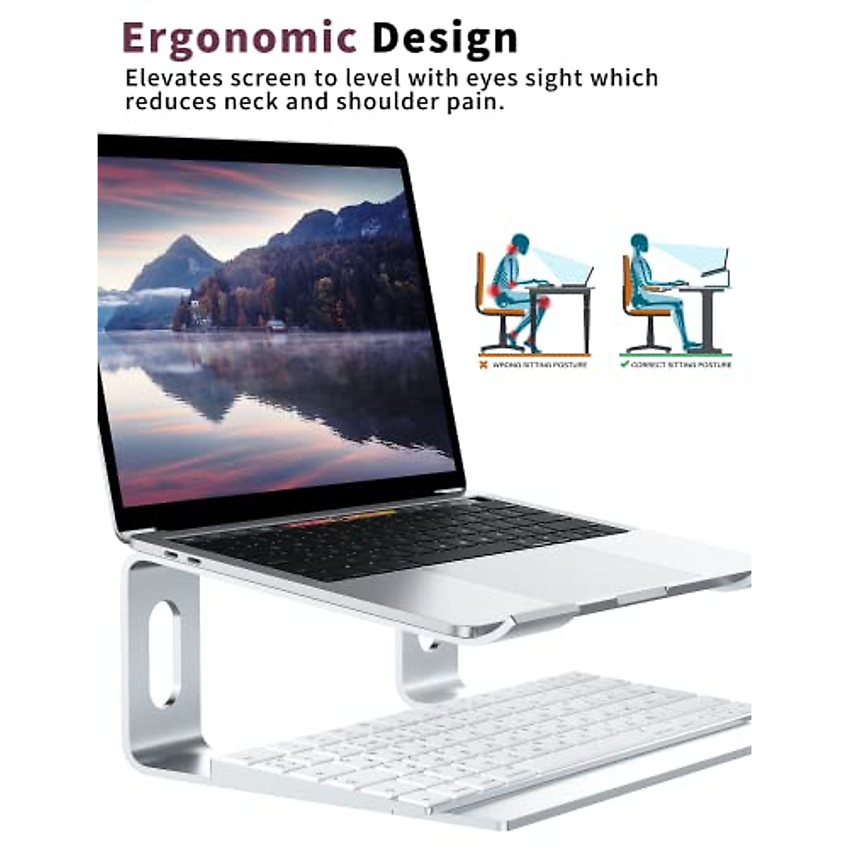 ALASHI Laptop Stand for Desk, Aluminum Computer Riser, Ergonomic Notebook Holder, Detachable Metal Laptops Elevator, PC Cooling Mount Support 10 to 15.6 Inches Notebook, Silver