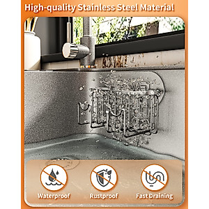 SWTYMIKI Sink Sponge Holder With Double Hook, Stainless Steel Sink Caddy Kitchen Sink Organizer Multifunctional Rustproof Kitchen Sponge Holder for Kitchen Sink Accessories, Silver