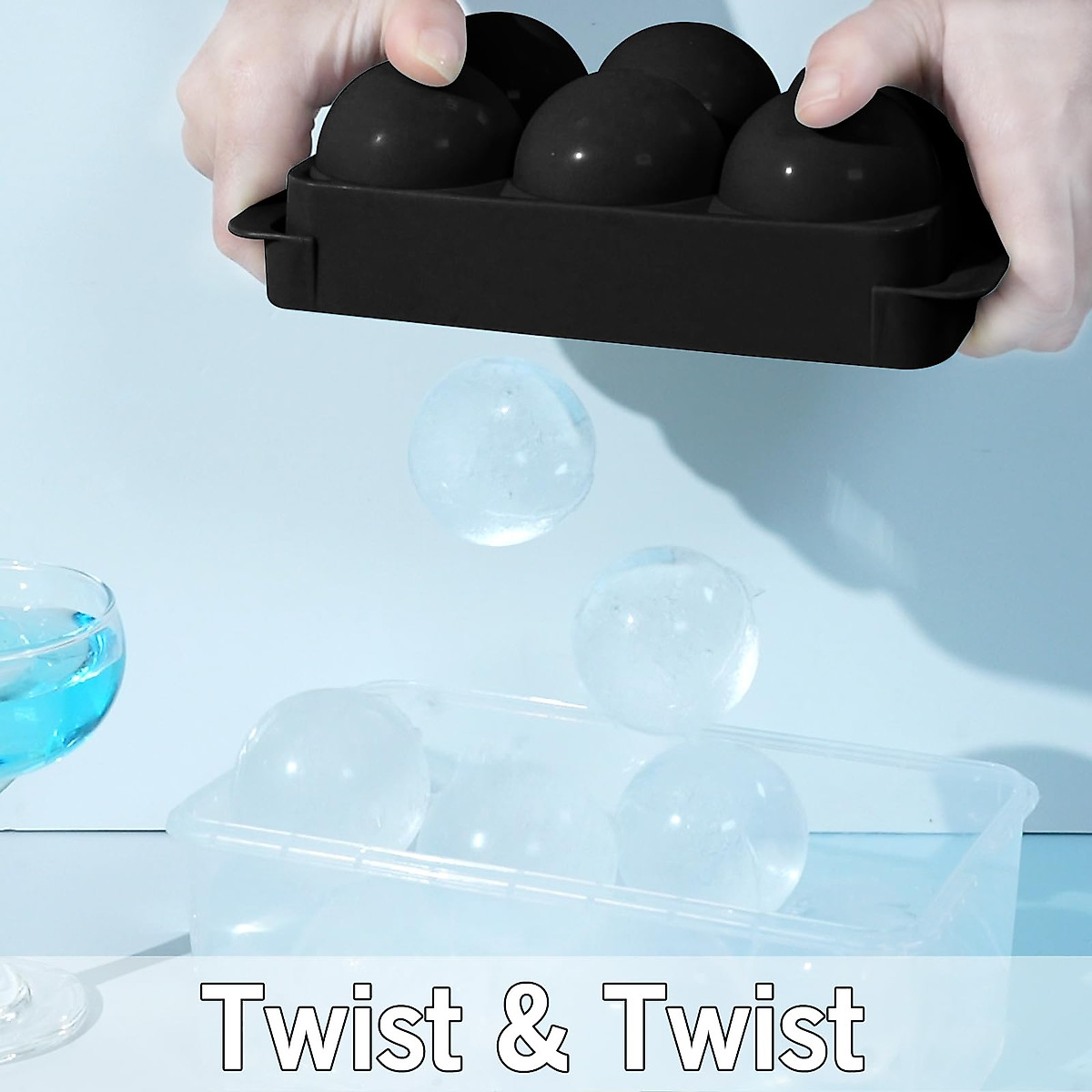 WIBIMEN Large Ice Cube Molds, Big Round Whiskey Ice Cube Trays for Freezer, Easy to Fill & Release, Whiskey Bourbon Cocktail(1.9In*6 Balls- Black/2 Pack)