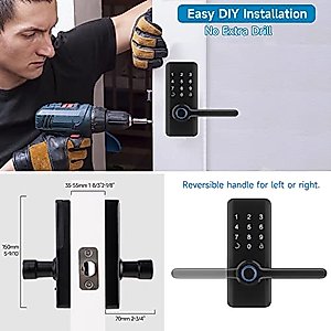 BEBASIA Smart Door Lock, Keyless Entry Door Lock, Fingerprint Door Lock, Door Locks with Keypads, Bluetooth WiFi Door Locks, Keypad Door Lock with Reversible Handle, APP Control, Fobs, Code (Black)