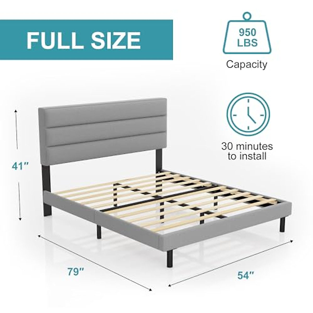 IYEE NATURE Bed Frame Full Size with Headboard,Sturdy Platform Bed with Wooden Slats Support,No Box Spring,Mattress Foundation,Easy Assembly,Grey