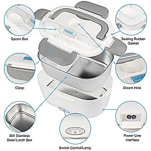 CTSZOOM Heated Lunch Boxes for Adults, 60W Electric Lunch Box Food Heater 3 in 1 for Work Home Truck and Car Leak Proof, 1.5L Removable Stainless Steel Container, 110V/12V/24V Gray