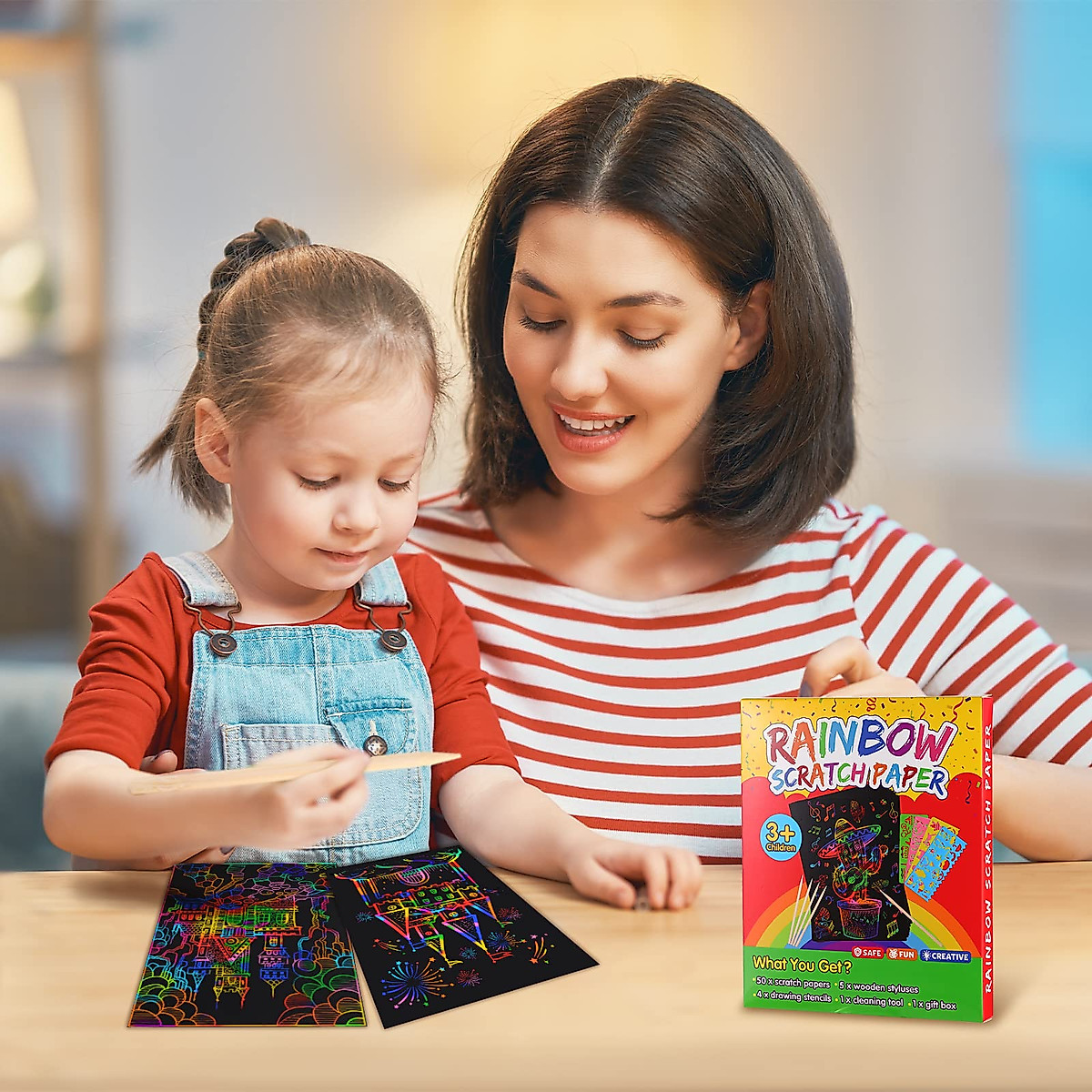 Scratch Art for Kids - 50 Pcs Black Scratch Off Art Paper, Rainbow Scratch Art with 5 Stylus and 4 Stencils, 4.9" X 7.1", Arts and Crafts for Kids Party Games Easter Christmas Birthday - Cactus