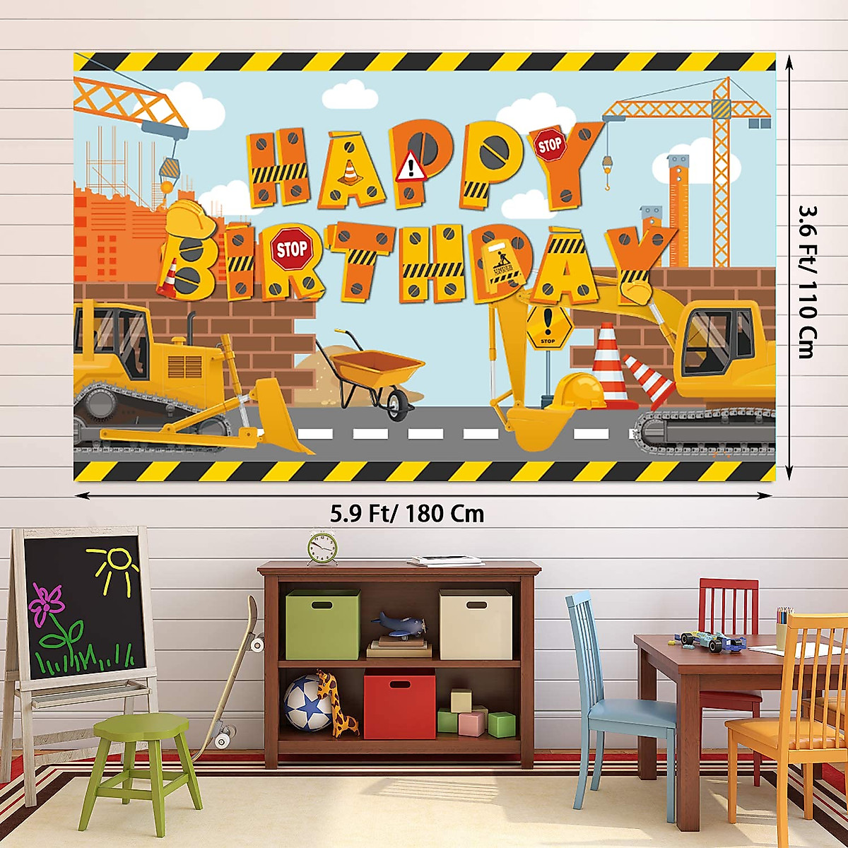 Mpanwen Construction Birthday Party Supplies, 136 Pcs Dump Truck Party Decorations for Boys Baby - Backdrop, Banner, Toppers, Balloons, Cupcakes Wrappers, Party Traffic Signs, Tablecloth