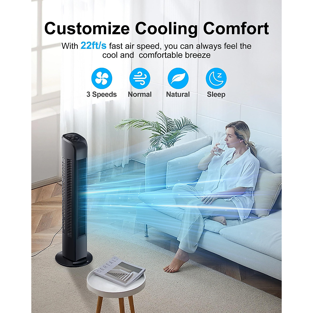 Uthfy Oscillating Tower Fan with Remote, Electric Standing Tower Fan Floor Fan for Bedroom Indoor Office and Home Use,Quiet Cooling Portable Bladeless Tower Fans, 30 inchs, Black Tower Fan
