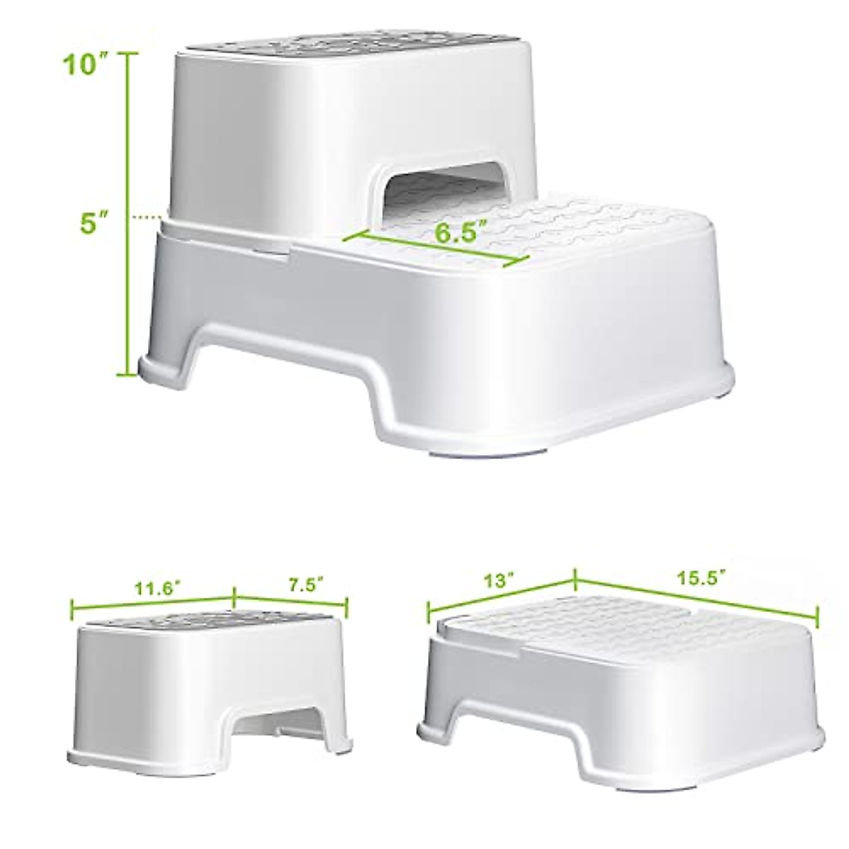 Two Step Stool for Kids, Double up Toddler Step Stool for Potty Training, Kitchen, Bathroom, Toilet Stool with Anti-Slip Strips for Safety, Stackable, Wide Step (1 Pack White)