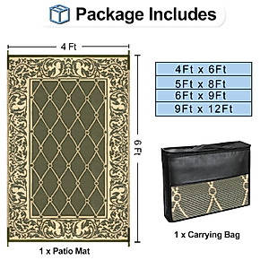 OutdoorLines Indoor Outdoor Rugs for Patio 4x6 ft - Reversible Outside Carpet, Stain & UV Resistant Portable RV Mat, Plastic Straw Rug for Camping, Pool Deck, Porch Rhombus Deep Lichen Green & Vanilla