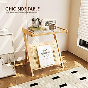 Bamworld Rattan Side Table Boho Night Stand Glass Bedside Small End Tables Bamboo Bedroom Coffee Table with Storage for Living Room and Outdoor Nature