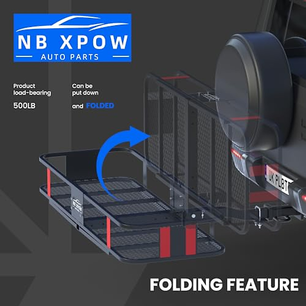 NBXPOW Folding Hitch Mount Cargo Carrier Basket 60" X 20" X 6" with Waterproof Cargo Bag 16 Cubic Feet, Hauling Weight Capacity of 500 Lbs A Folding Arm with Hitch Stabilizer, Net and Straps