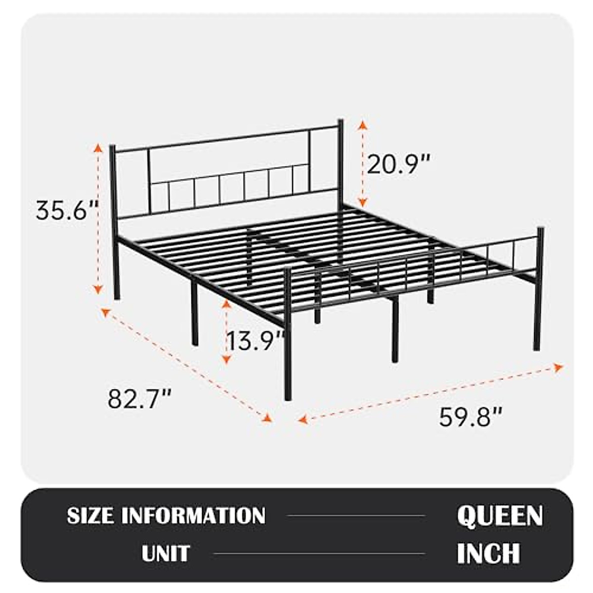 PayLessHere 14 Inch High Metal Platform Bed Frame with Headboard Maximum Storage Space Under The Heavy Duty Bed Frame No Box Spring Needed Noise-Free Easy Assembly,Queen