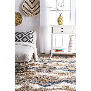 nuLOOM Hand Braided Marla Denim And Jute Diamonds Runner Rug, 2' 6" x 6', Off-white