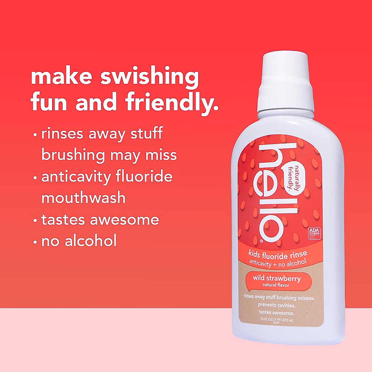 Hello Kids Wild Strawberry Natural Flavor Anticavity Fluoride Rinse - Vegan, Alcohol Free, and SLS Free Mouthwash for Children Age 2 and Up - 16 Ounce (Pack of 3)