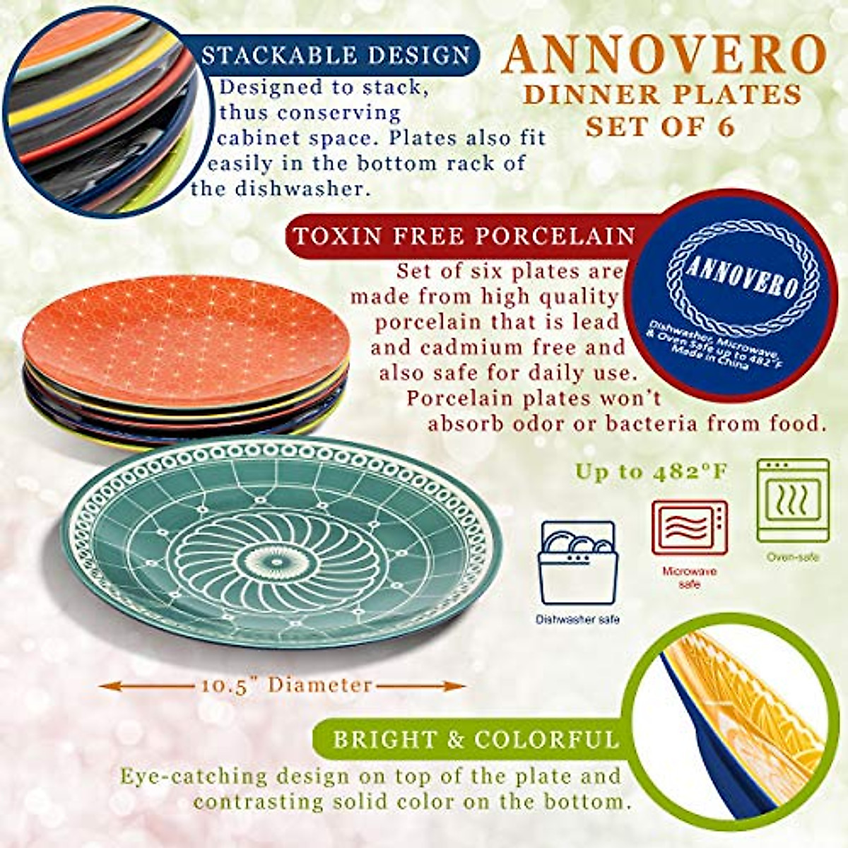 Annovero Dinner Plate Set - Set of 6 Dinnerware for Salad, Dessert, Pasta, Entrées, Colorful Stoneware Dishes for Kitchen, Microwave and Oven Safe, 10.5 Inch Diameter