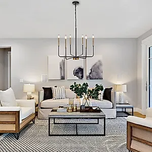 ZCHAOZ Modern Farmhouse Chandelier for Dining Room, 6 Lights Chandelier Light Fixture Adjustable Height, Black and Gold Hanging Candle Pendant Lighting for Kitchen Island Living Room Bedroom Foyer