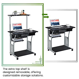 Yaheetech 3 Tiers Mobile Computer Desk with Printer Shelf & Keyboard Tray Rolling Computer Desk for Small Spaces, Compact Study Desk Workstation with Wheels, Space Saving, Black