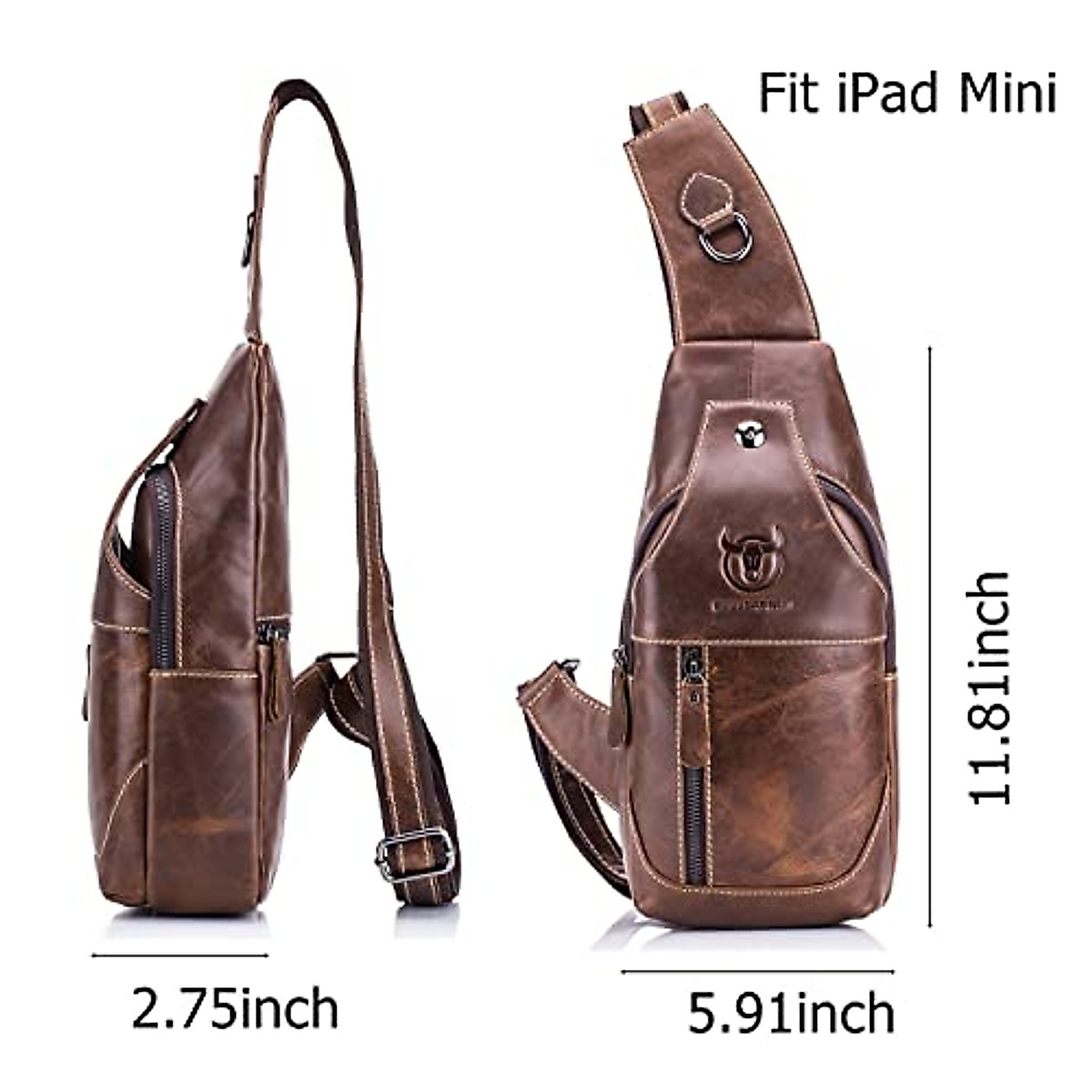 BULLCAPTAIN Men Leather Sling Chest Bag Outdoor Travel Shoulder Crossbody Bags Hiking Small Backpack (Brown)