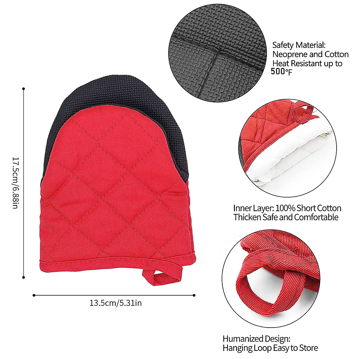 1 Pair Short Oven Mitts, Heat Resistant Silicone Kitchen Mini Oven Mitts for 500 Degrees, Non-Slip Grip Surfaces and Hanging Loop Gloves, Baking Grilling Barbecue Microwave Machine Washable