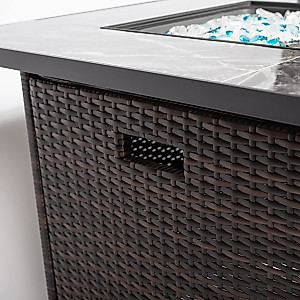 30 in. Outdoor Square Brown Wicker Fire Table Propane Gas Fire Pit Table with Lid Gas Fire Pit Table with Glass Rocks & Rain Cover