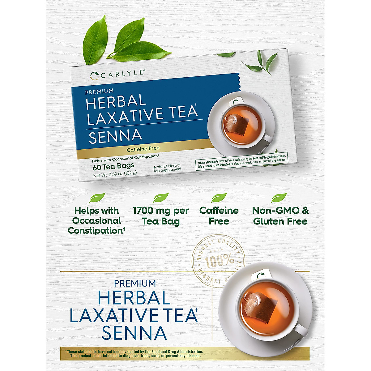 Carlyle Herbal Laxative Senna Leaf Tea | 60 Tea Bags | No Caffeine | Helps with Occasional Constipation | Vegetarian, Non-GMO & Gluten Free