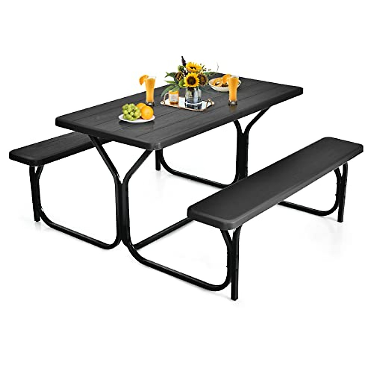 Tangkula Picnic Table Bench Set, Outdoor Picnic Table with 2 Benches, Metal Camping Table with Plastic Wood-Like Texture Tabletop & Steel Frame, Ideal for Picnic, Party, Garden, Lawn (Black)