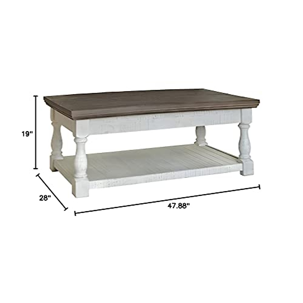 Signature Design by Ashley Havalance Farmhouse Lift Top Coffee Table with Fixed Shelf and 2 Hidden Storage Trays, Gray & White with Weathered Finish