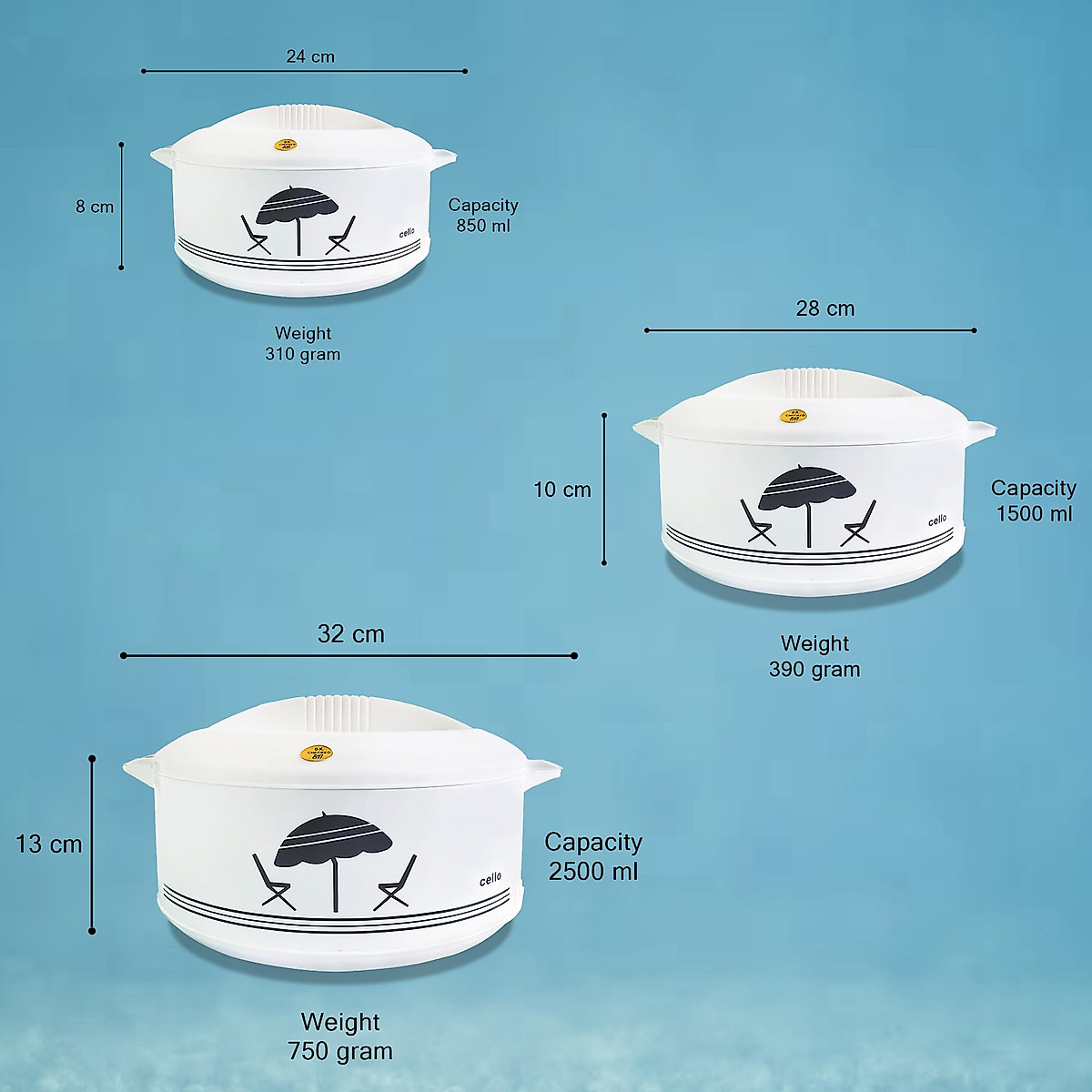 Cello Chef Super 3 pcs Insulated Hot Pot Casserole Gift Set 1500ml, 850ml, 2500ml (White)