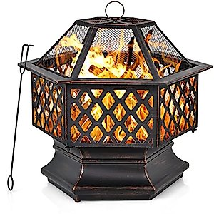 Giantex 26 Inch Outdoor Fire Pit, Large Hexagonal Fire Bowl with Spark Screen Cover and Poker, Wood Burning Firepit for Outside Camping Garden Patio Backyard