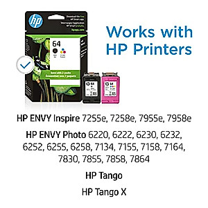HP 64 Black/Tri-color Ink Cartridges (2-pack) | Works with HP ENVY Inspire 7950e; ENVY Photo 6200, 7100, 7800; Tango Series | Eligible for Instant Ink | X4D92AN