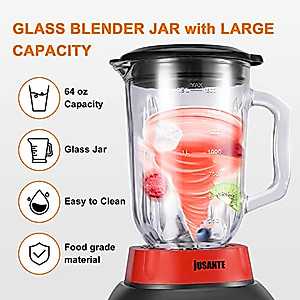 JUSANTE Blender Smoothie Countertop Blender with 64 oz Glass Jar 1200 Watts Professional Kitchen Blender for Shakes and Smoothies Red High-Speed Smoothie Blender for Smoothies Ice and Frozen Fruit with Autonomous Clean