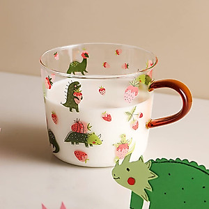 Sizikato Clear Glass Breakfast Cup with Handle, 15 Oz Milk Mug, Cute Dinosaur and Strawberry Pattern