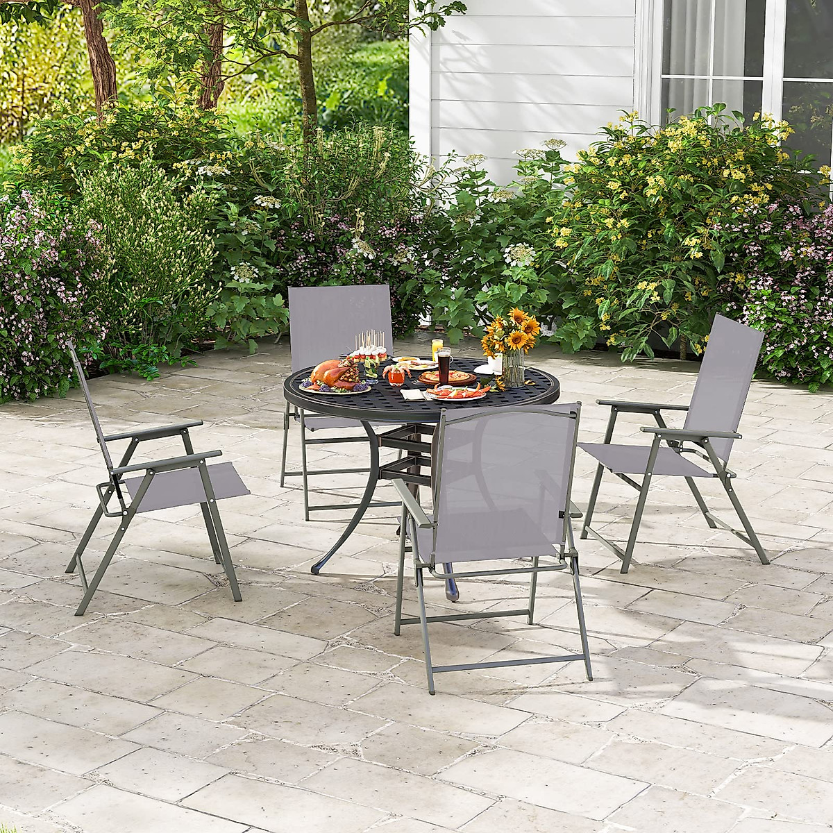 Giantex Patio Folding Chairs Set of 4, Outdoor Lawn Chairs with Rustproof Metal Frame, Portable Dining Chairs for Porch, Deck, Garden, Backyard, Camping, Gray