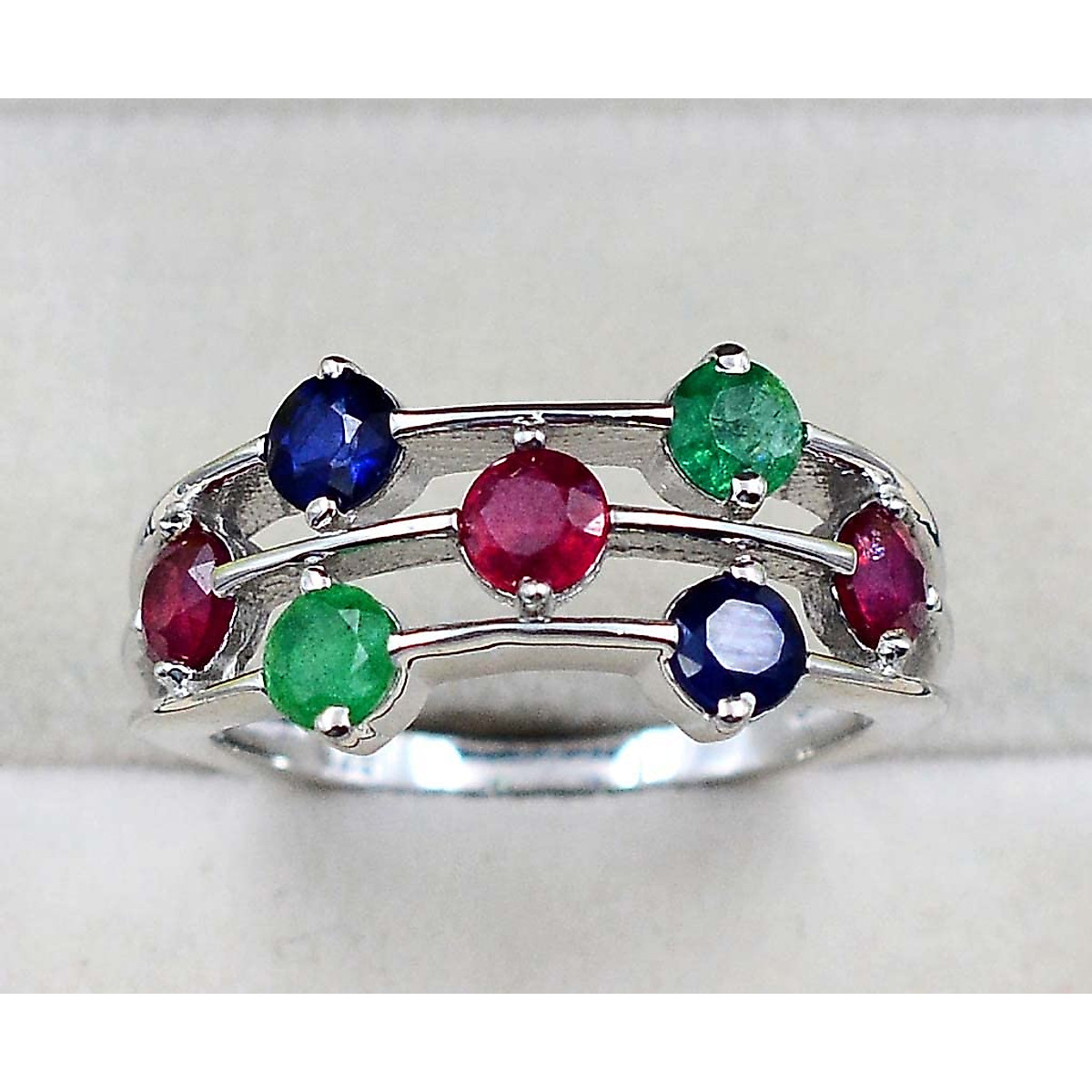 Natural Ruby Emerald Sapphire Mix Gemstone 4 MM Round Cut 925 Sterling Silver Cluster Unisex Proposal Ring For Christmas Gift (Rhodium Plated Silver, 11)