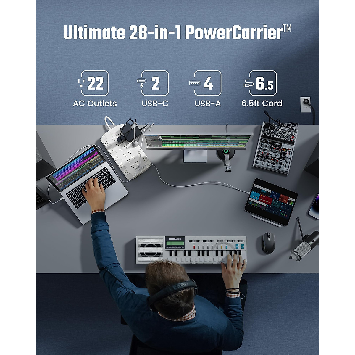 Power Strip, SUPERDANNY Surge Protector with 22 Outlets, 2 USB-C and 4 USB-A, 2100J, 6.5Ft Flat Plug Heavy Duty Extension Cord (1875W/15A), Wall Mountable for Home, Office, Dorm, Gaming Room, White