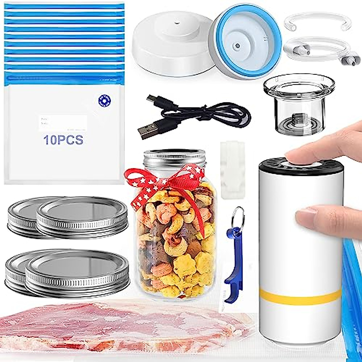 Electric Mason Jar Vacuum Sealer,10 PCS Sous Vide Bags,Handheld Mason Jar Vacuum Sealer,Cordless Vacuum Sealer Kit for Wide-Mouth & Regular-Mouth Mason Jars, for Food Storage and Fermentation