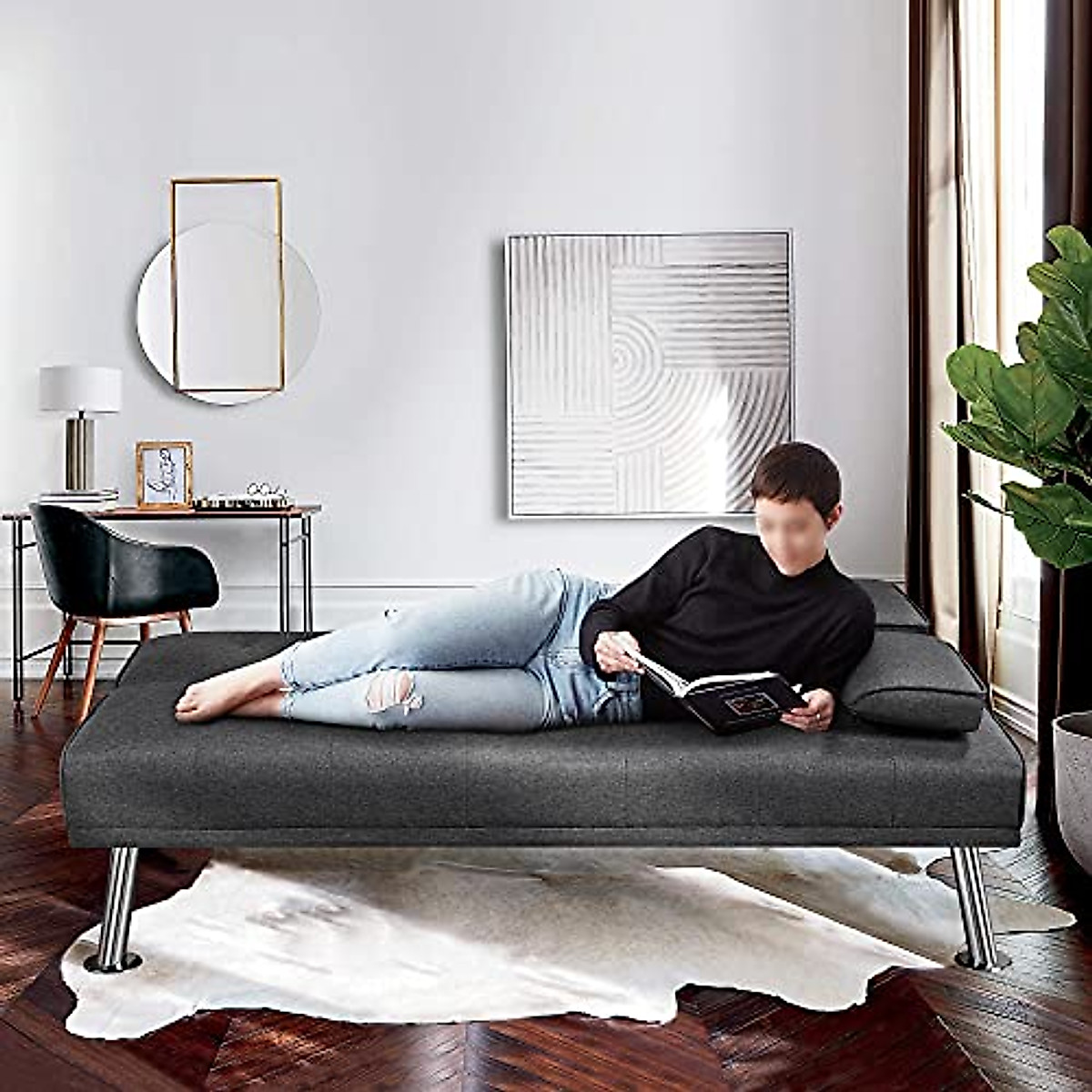 Yaheetech Linen Fabric Modern Sofa Bed Sectional Couch Bed Folding Recliner Sleeper Reversible Loveseat Convertible Daybed, 2 Cup Holders, 3 Angles, 772lb Capacity, Removable Armrests, Dark Gray