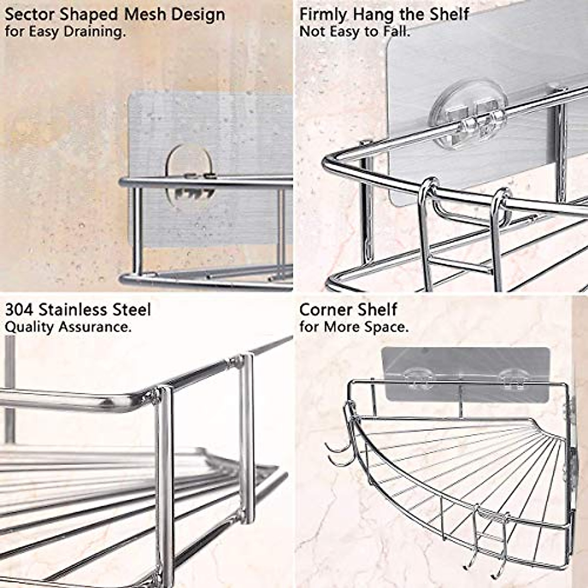 GEMITTO Corner Shower Caddy, SUS304 Stainless Steel Self-adhesive Bathroom Organizer Rack with 3 Stickers+2 Hooks, No Drilling for Shampoo Conditioner Kitchen Spice Storage (Silver)