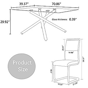 Baysitone 71 inch Dining Glass Table Set for 8, Modern Rectangle Dinner Tempered Glass Table Top and Pu Faux Leather Chairs for Dining Room, Silver Dining Table & Chair Sets for Kitchen, White