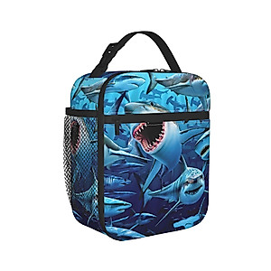 JASMODER Hungry Sharks Insulated Lunch Box Bag Portable Lunch Tote For Women Men And Kids